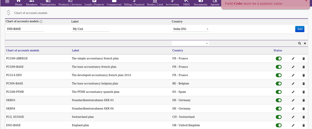 Unable to add new Chart of Accounts model - Using my Dolibarr ...