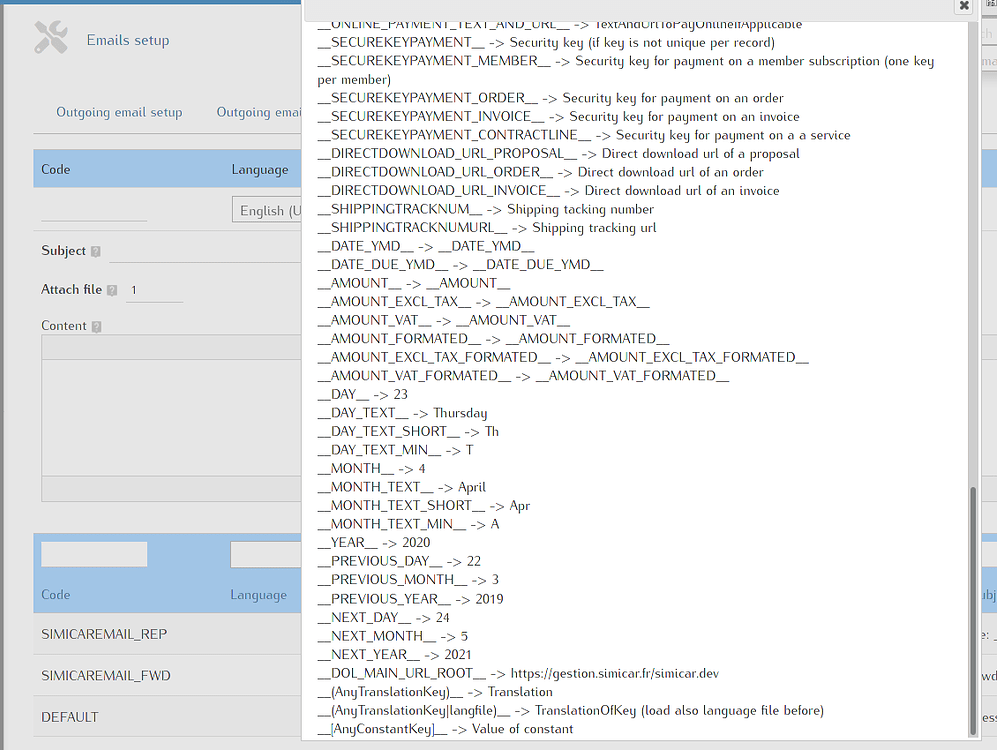 Email template inserts list - Other native modules - Dolibarr ...